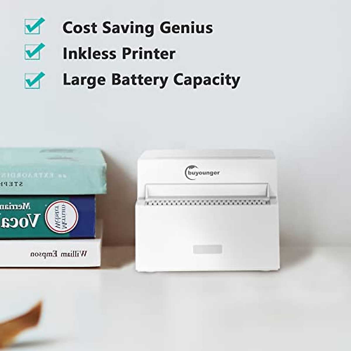 Buyounger Mini Printer, Mini Sticker Printer for iPhone Android Phone, Pocket Printer for Photo/Picture/Text/Notes/Label, White