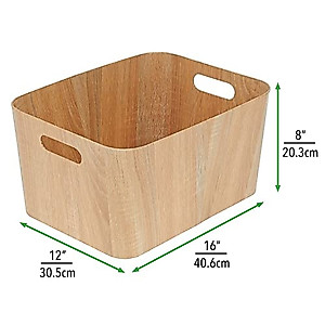 mDesign Wood Print Food Bin Box with Handles - Rustic Basket for Kitchen and Pantry Vegetable and Potato Storage - Perfect for Garlic, Onions, Fruit, and More - 16" Long - 4 Pack - Natural