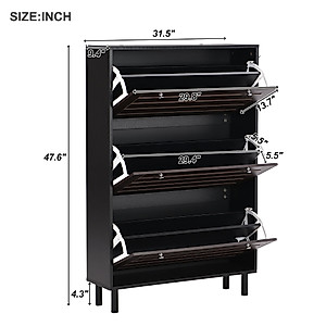 Narrow Shoe Cabinet with 3 Flip Drawers for 24 Pairs Shoes, Natural Wood Top Entryway Organizer with 3 Hooks, Free Standing Shoe Rack with Adjustable Panel for Hallway, 31.5''x9.4''x47.6'',Black&Brown