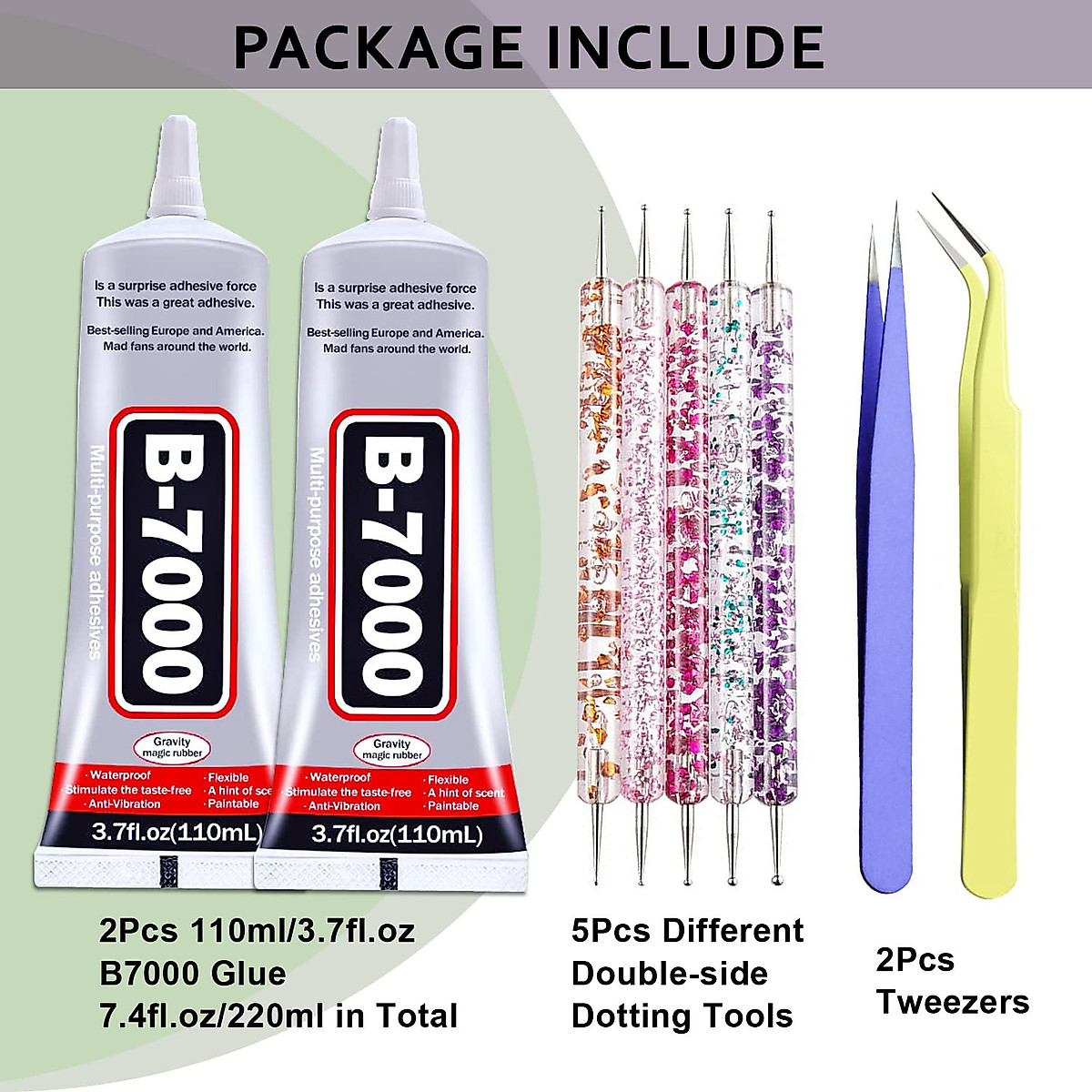 2pcs x 110ML B7000 Rhinestone Glue Clear, Upgrade B7000 Glue Multi-Function Adhesive Jewelry Glue for Jewelry Repair, Metal Stone Crafts, Fabric, Shoes, Wood Glass Bead with Dotting Pens and Tweezers