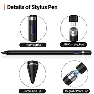 Stylus Pens for Touch Screens, Stylus Pen for iPad with Fine Point Tip & Magnetic Cap, Compatible with iPad, iPhone, Android, Tablet and Other Capacitive Touch Screen for Drawing (Black)