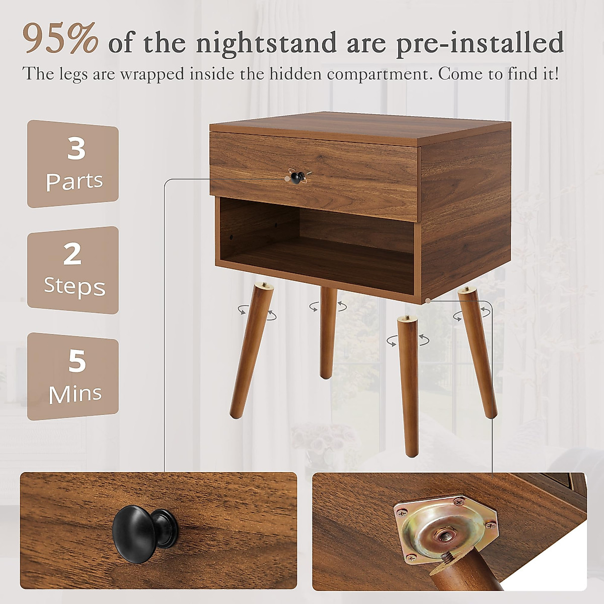 Mazefur Hidden Compartment Night Stand Set 2, Mid Century Modern Concealment Furniture, End Table with Storage Drawer, Bedside Table with Wood Legs for Bedroom (2,Walnut)