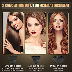 Professional Ionic Salon Hair Dryer, Powerful 1800W Blow Dryer, Negative Ion Technolog, 2 Speed, 3 Cool Settings, 2 Concentrator Nozzles and 1 Diffuser, for Home, Travel, Salon and Hotel