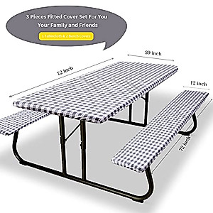 Fitted Picnic Table Cover with Bench Covers, 3 Pieces Waterproof Camping Picnic Tablecloth Cover with Elastic Edge for Indoor/Outdoor/Patio, 6ft Rectangular Vinyl Picnic Table Cover, Grey