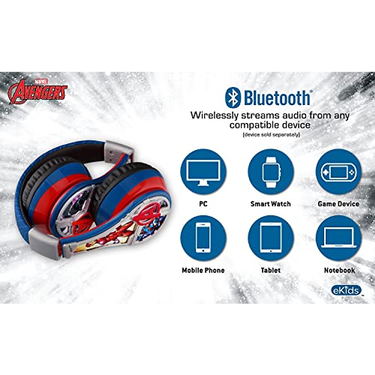 eKids Marvel Avengers Kids Bluetooth Headphones, Wireless Headphones with Microphone Includes Aux Cord, Volume Reduced Kids Foldable Headphones for School, Home, or Travel