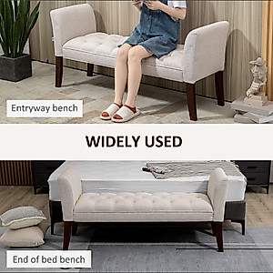 HOMCOM End of Bed Bench with Button Tufted Design, Upholstered Bedroom Entryway Bench with Arms and Solid Wood Legs for Bedroom, Beige