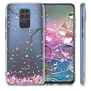 kwmobile Clear Case Compatible with Xiaomi Redmi Note 9 - Phone Case Soft TPU Cover - Cherry Blossoms Pink/Dark Brown/Transparent
