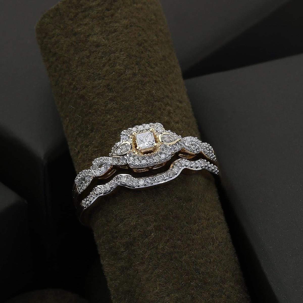 DZON 10k Yellow Gold 1/3CT TDW Diamond Halo Princess-Cut Engagement Ring Set Love Gift for Women (I-J,I2)