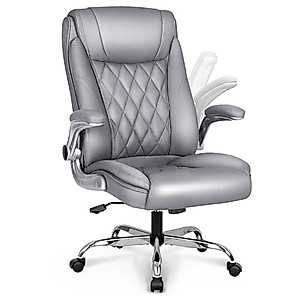NEO CHAIR Office Chair Computer High Back Adjustable Flip-up Armrests Ergonomic Desk Chair Executive Diamond-Stitched PU Leather Swivel Task Chair with Armrests Lumbar Support (Grey)