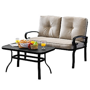 Tangkula Patio Loveseat with Table Set, 2 Seat Cushioned Sofa with Coffee Table, Patio Conversation Sofa Set with Rustproof Frame, 2 Pieces Outdoor Furniture Set for Garden, Poolside, Balcony (Beige)