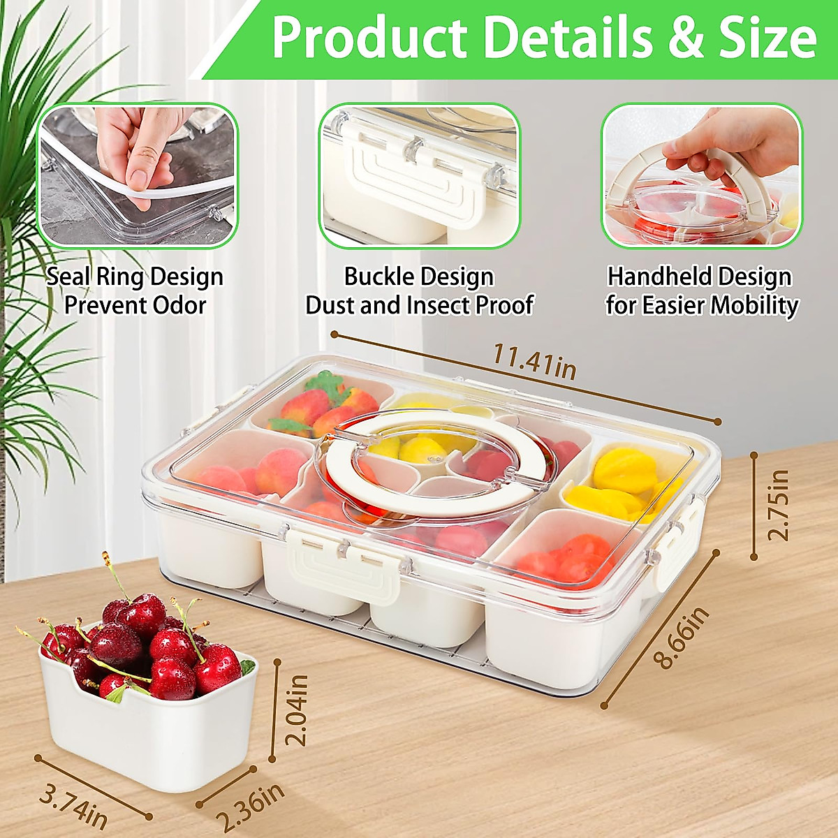 Portable Divided Serving Tray with Lid with Handle, 8 Compartment Snackle Box Container,- For Clear Organizer Fruit, Candy, Nuts,Snacks,Great for parties, beach fun and outdoor camping(8)