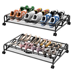 KOSIWU Under Bed Shoe Storage with Wheels, 2 Pack Rolling Under Bed Storage Containers for Shoes Metal Shoe Rack Organizer Bedroom Organization