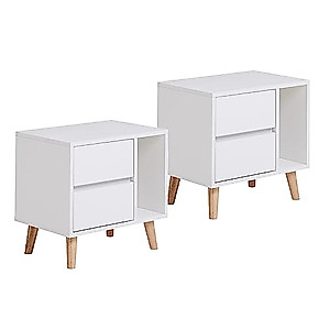 CLIPOP Set of 2 Modern Nightstand with 2 Drawers, Open Shelf, Solid Wood Legs, Wood Bedside Table with Vertical Open Storage, End Side Table for Bedroom Living Room (White)