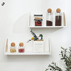 [PJ Collection] Decorative Wooden Wall Shelf with Rattan, Set of 2, Floating Shelves, Wall Mount, Wall Shelf, Rustic Wood Wall Storage Shelves, Sturdy Floating Shelves (White)
