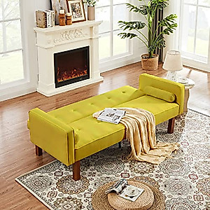 MWrouqfur Modern Fabric Sofa Bed Futon,Convertible Sleeper Loveseat with 2 Pillows and Armrests,75" Folding Recliner Couch Bed with Solid Wood Legs for Living Room Apartments Office (Yellow)