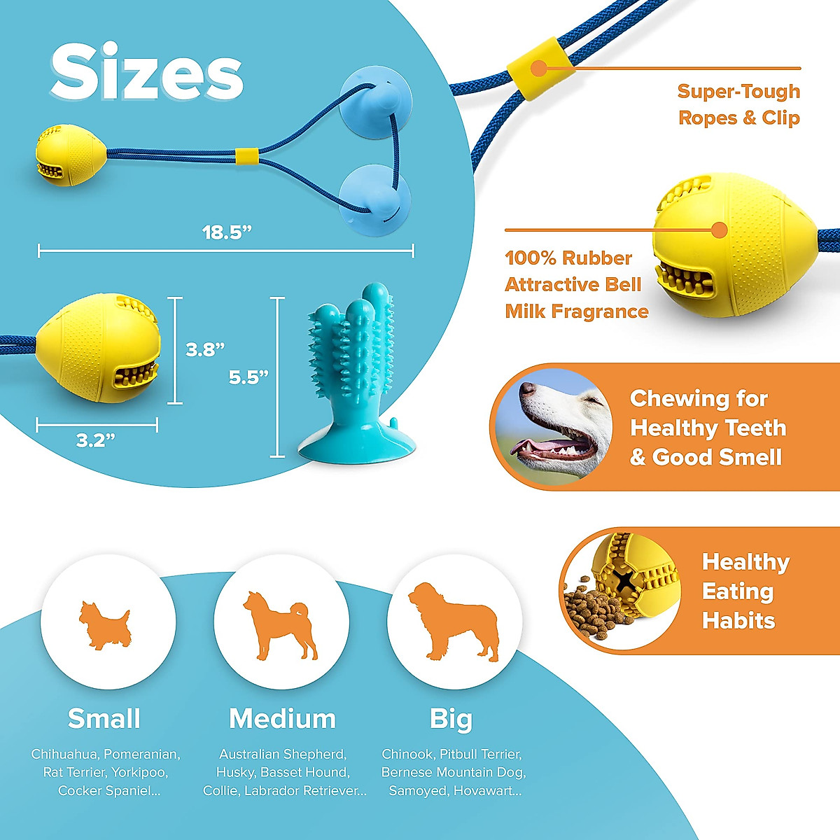 Double Suction Cup Dog Toys Set For Aggressive Chewers 100% Rubber (3 In 1), Teeth Cleaning Toothbrush Toy Stops Plaque & Tarter, Cherry Blossom Waste Bag Dispenser Bonus, Tug Of War Toy For Dog's IQ