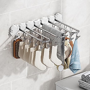 OBloved 2 Pack Clothes Drying Rack Wall Mount, 20 Clips Stainless Steel Sock Drying Rack, Laundry Drying Rack with Clips for Socks, Bras, Towels, Underwear, Clothes (White)
