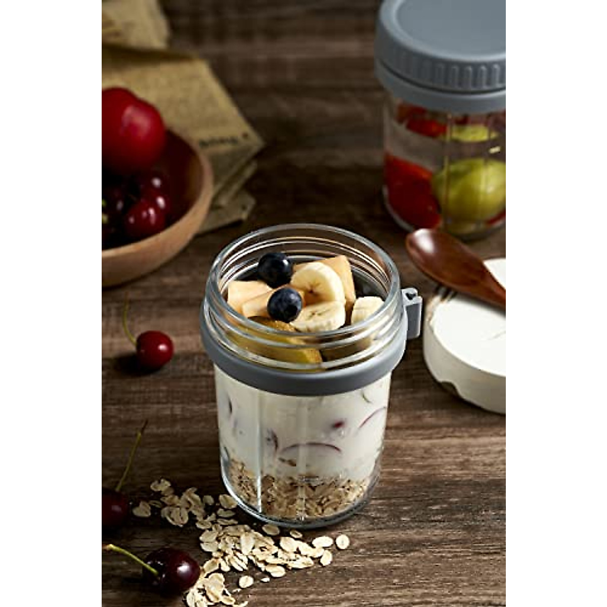 Overnight Oats Containers with Lids - 2pack Updated Design 10 oz Wide Mouth Mason Jar with Spoon Very Convenient for Use On The Go, Tight sealing glass jar ideal for home, office or to go