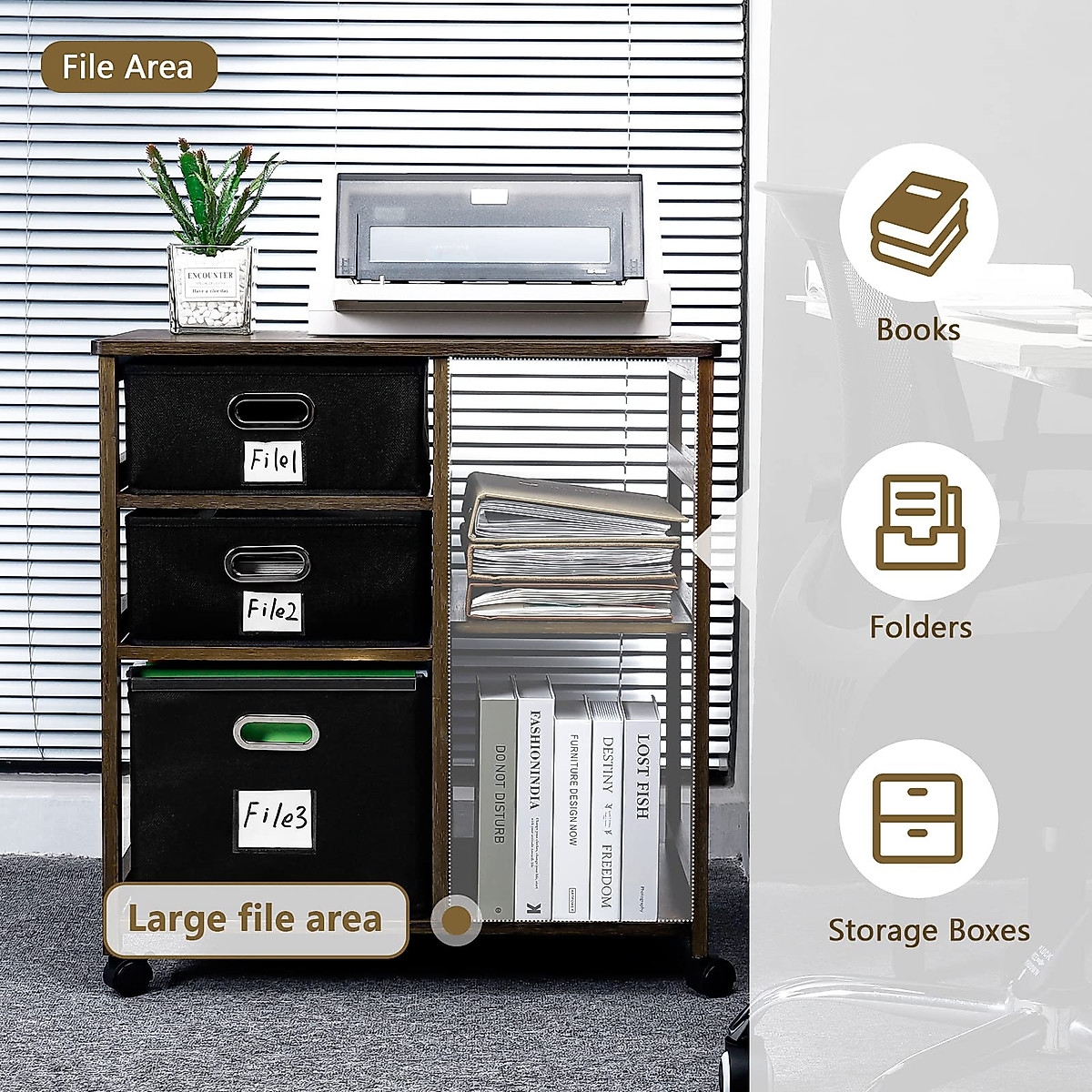 Homde 3 Drawer Bamboo File Cabinet Whit Wheel,Mobile Office Lateral File Cabinets,File Folders for Filing Cabinet,Printer Stand with Open Storage Shelf fits A4 Letter Size for Home Office,Brown