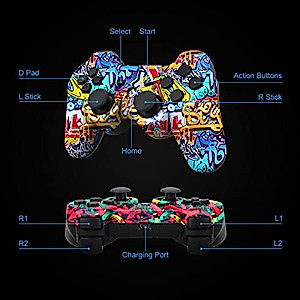 Yinjie PS3 Controller, Wireless PS3 Controller 2 Pack, Built in 800mAh Large Capacity Battery, with 2 USB Cables, Perfect Replacement for Sony Playstation 3 Controller, Graffiti Style