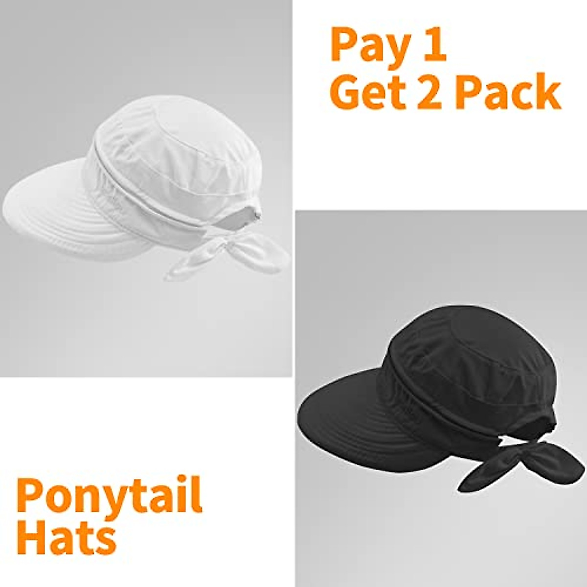 MEINICY Womens Sun Visor Hat Wide Brim, 2 in 1 Zip-Off Sun UV Protection Foldable Adjustable Visors Beach Hats for Women (2 Pack Black+White)