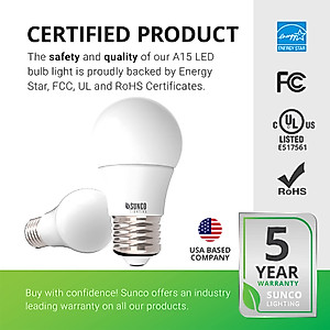 Sunco Lighting 10 Pack A15 LED Bulb Dimmable Refrigerator Appliance Bulbs 8W Equivalent 60W 3000K Warm White 800 LM, E26 Medium Base, Instant On, Super Bright, Indoor Outdoor Light - UL