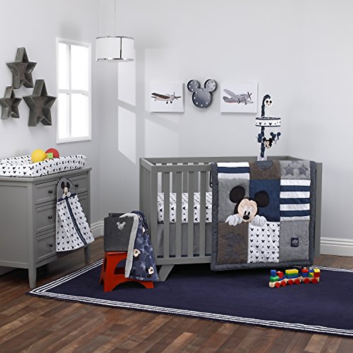Disney Mickey Mouse 4 Piece Hello World Denim/Star/Icon Nursery Crib Bedding Set, Navy, Grey, White