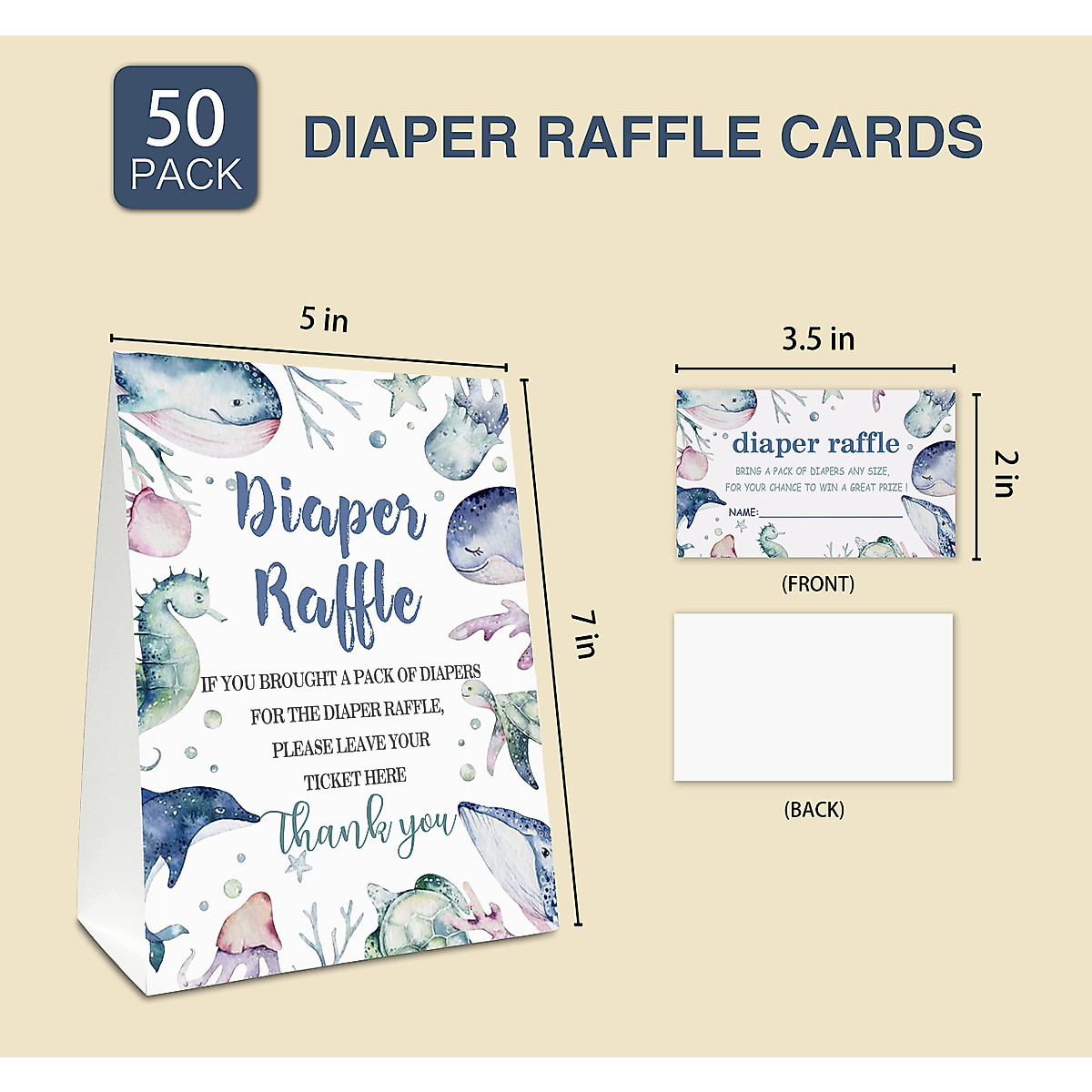 Diaper Raffle Tickets For Baby Shower, Ocean Animals, Marine Life Themed Cards,Party Favors For Baby Showers Game Cards, 1 Sign & 50 Cards Per Pack – (015-niaobu)