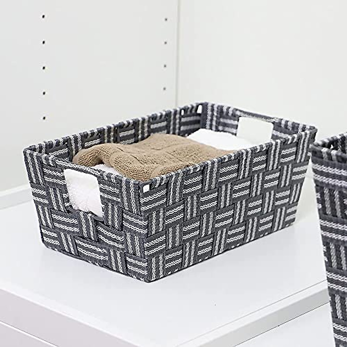 Home Basics Stripe Woven Strap Storage Bin | Various Black | Blue | Brown | Grey | Great for Storage | Metal Frame | Lightweight with Handles | Sturdy Construction (Grey, Small)