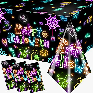 CMUSKO 3Pcs Neno Halloween Tablecloths-Glow Black Halloween Disposable Plastic Table Cover for Happy Halloween Party Supplies