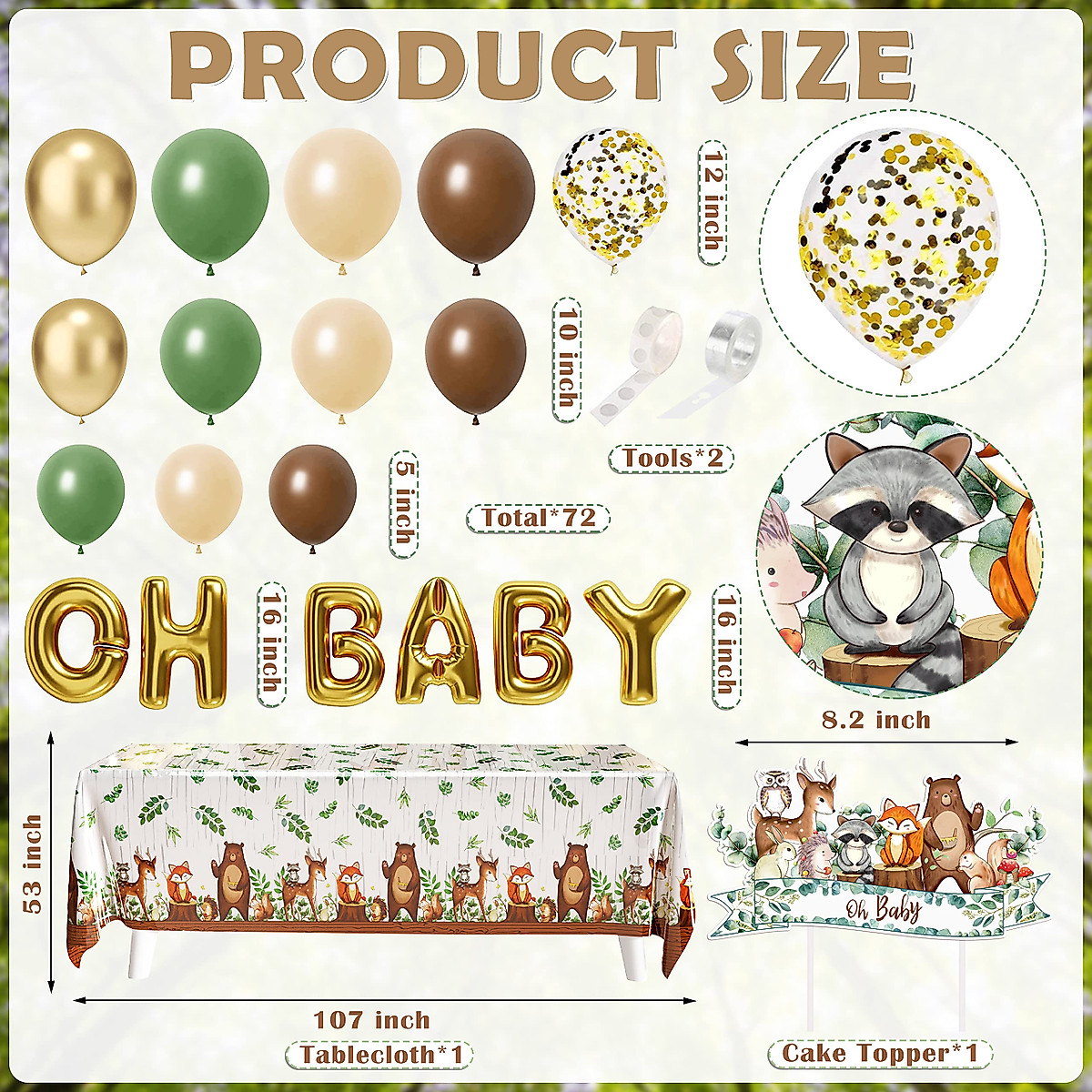 Woodland Animals Baby Shower Decoration Pack Forest Animal Neutral Gender Reveal Party Supplies Woodland Themed Birthday Party Ideas Set 106 Pcs Backdrop, Tablecloth, Cake Toppers, Balloons (Woodland