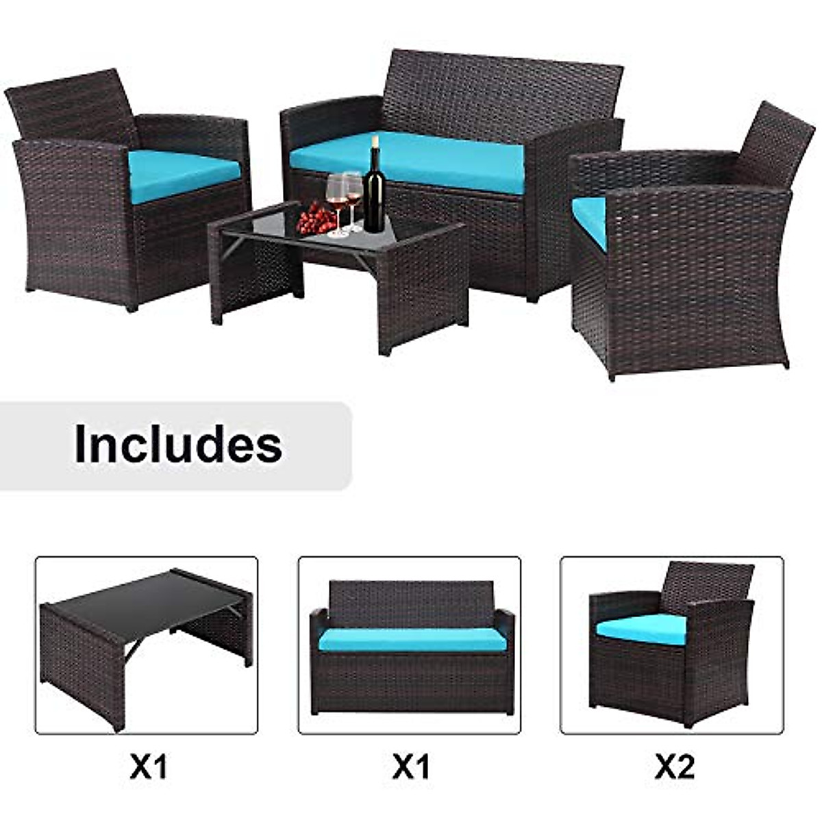 Saemoza 4 Pieces Outdoor Patio Furniture Set, Outdoor Wicker Rattan Patio Furniture with Tempered Glass Tabletop Clearance（Blue）