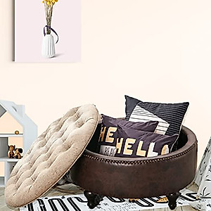 Nathaniel Home Upholstered 30" Round Storage Vegan Leather Ottoman, Leather Button Tufted Ottoman with Fabric Removable Lid, Bench with Wood Legs, Light Brown/Dark Brown