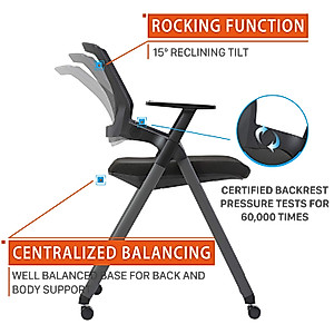 CLATINA Mesh Guest Reception Stack Chairs with Caster Wheels and Arms for Office School Church Conference Waiting Room Black