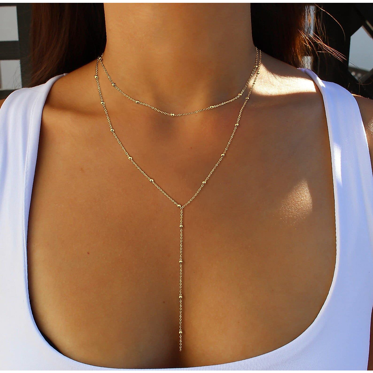 CHESKY Lariat Gold Necklace for Women, Dainty Long Necklace 14k Gold Plated Layered Necklaces Trendy Y-Shaped Bead Pendant Chain Necklace Simple Double Women Gold Necklaces Jewelry Gift Wedding