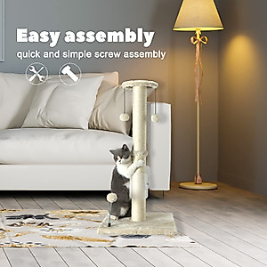 PEEKAB 32" Tall Cat Scratching Post Sisal Rope Scratch Posts with Hanging Ball and Self-Massage Brush Vertical Scratcher for Indoor Cats and Kittens(Beige 32inches)