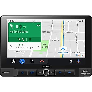 Jensen CAR910X Multimedia 9" Receiver with Apple CarPlay and Android Auto, 1024x600 Resolution, 500 cd/m2 Brightness, 500:1 Contrast Ratio, Back-up Camera Input, Front and Rear USB Inputs