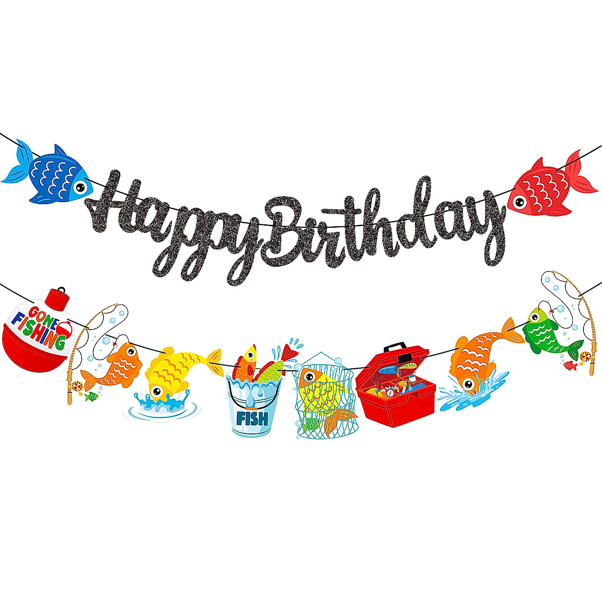 Gone Fishing Happy Birthday Banners Fishing Party Decorations 2Pcs Fisherman Hanging Cutout Garland Banners for Fish Theme Baby Shower Supplies