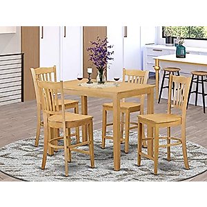 East West Furniture YAGR5-OAK-W 5 Piece Kitchen Counter Height Dining Table Set Includes a Rectangle Dining Room Table and 4 Wooden Seat Chairs, 30x48 Inch, Oak