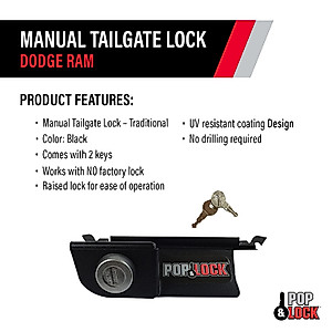 Pop & Lock – Manual Tailgate Lock for Dodge Ram 1500, 2500, and 3500, Fits 2002 to 2008 (Chrome, PL3400C, Works with No Factory Lock)