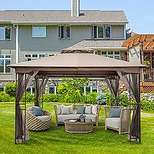 HAPPATIO 10' X 12' Patio Gazebo with Ventilation Double Roof，Outdoor Gazebo with Mosquito Netting for Lawn, Garden (Light Brown)