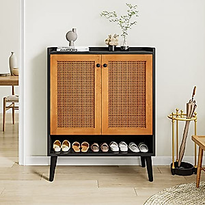 Tribesigns Shoe Cabinet, 6 Tiers 24-30 Pairs Natural Handmade Rattan Shoes Cabinet with Door, Heavy Duty Freestanding Shoe Storage Cabinet with Removable Shelves for Entryway, Black & Orange
