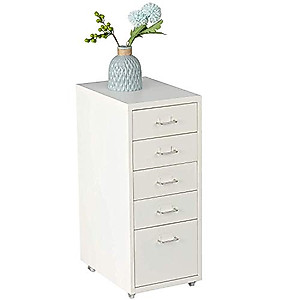 LONABR 5 Drawer Chest Metal Storage Dresser Cabinet with Wheels & Handle Slim Night Table for Home Office Cabinets,White