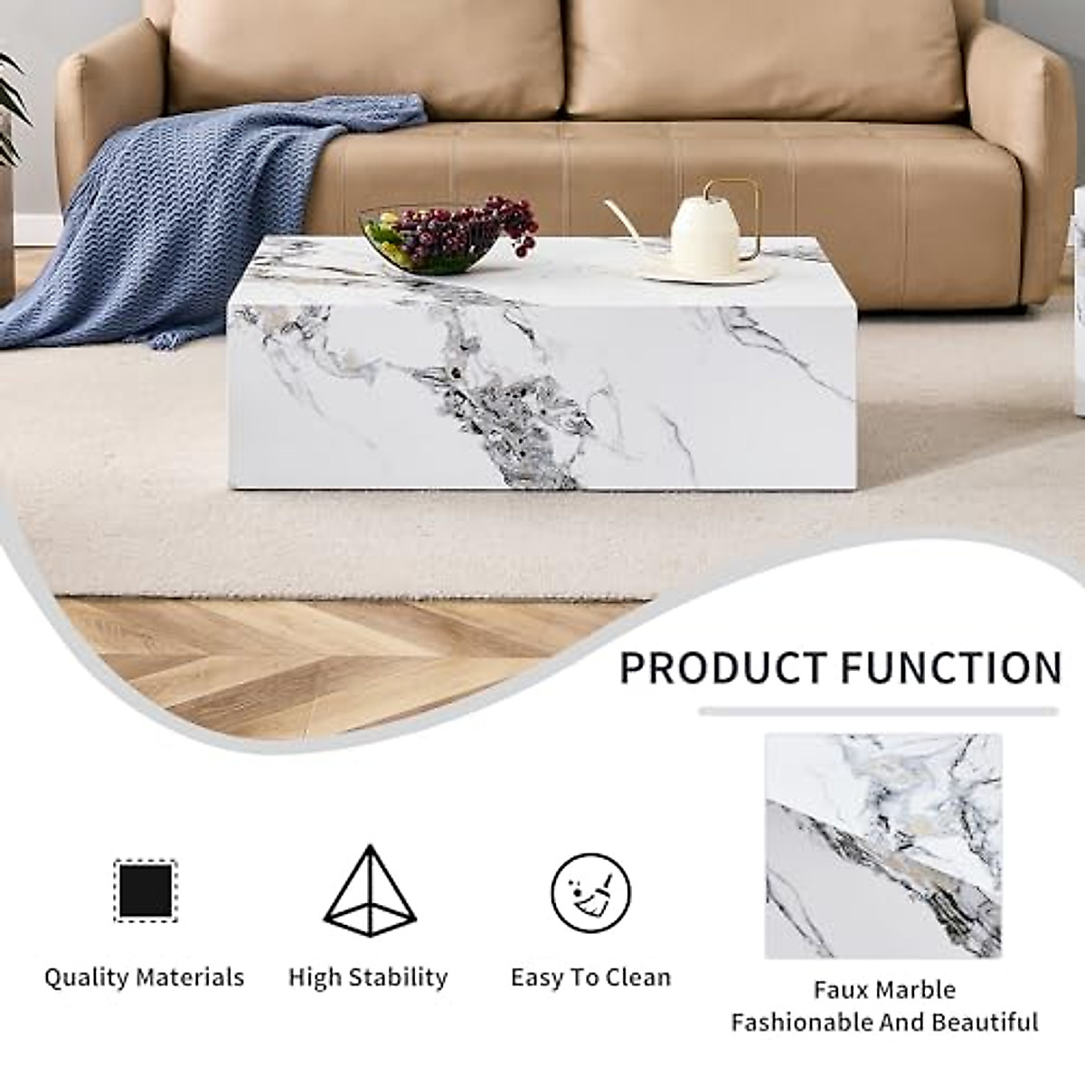 KEVINSPACE Coffee Tables for Living Room, 39.37" Modern Coffee Table Faux Marble Rectangular Drum Coffee Table, Fully-Assembled White Furniture with Mid Century Design for Waiting Area