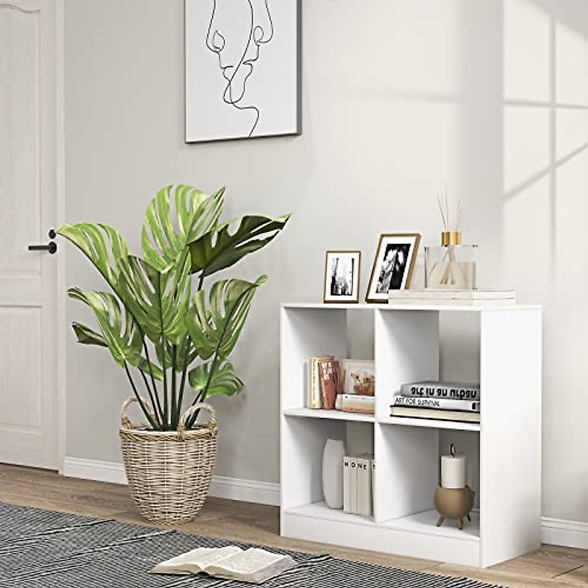 Giantex 4-Cube Bookcase White - 2-Tier Freestanding Open Bookshelf with Anti-Toppling Device, Wooden Decorative Storage Organizer, Modern Floor Display Shelf for Kid's Room Study Bedroom Living Room