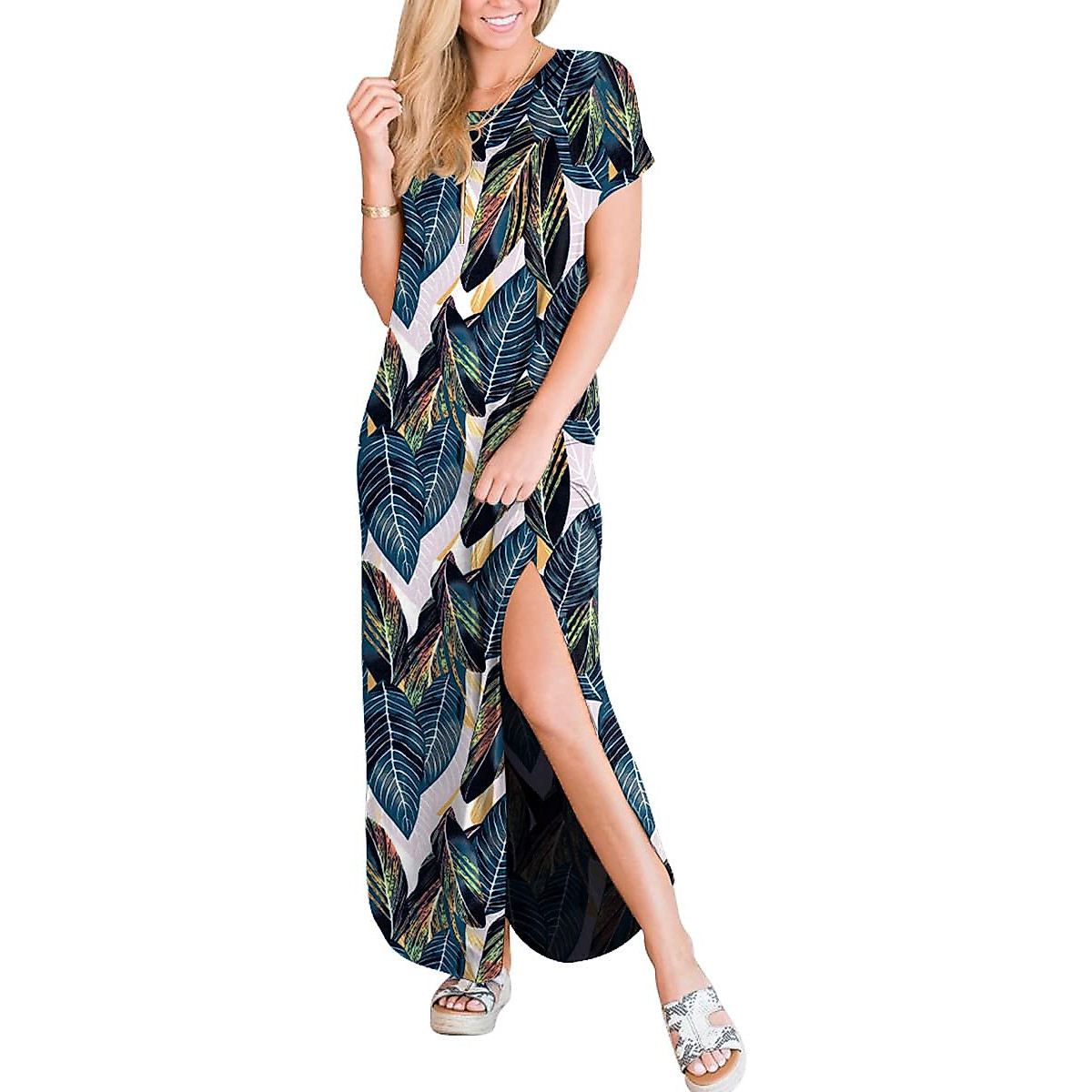 ANRABESS Women's Summer Casual Loose Short Sleeve Long T Shirt Dress Split Maxi Beach Sundress Travel Vacation Outfits Leaf Print X-Large