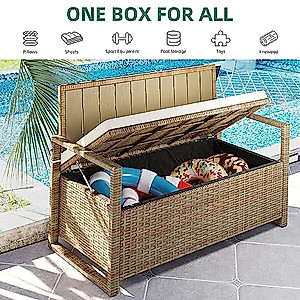 YITAHOME 70 Gallon Outdoor Storage Bench, All-Weather PE Rattan Deck Box, Wicker Storage Seat Box for Patio Furniture, Outdoor Cushions, Pool Storage and Garden Tools - Beige