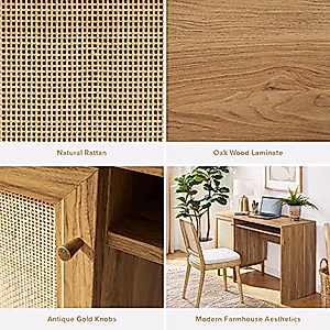 mopio Haylee Farmhouse Rattan Study Desk with Adjustable Shelf Storage Space