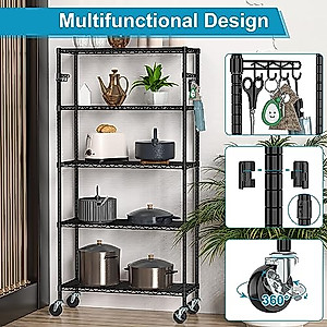5 Tier Wire Shelving with Wheels,Ecoyomi Metal Shelves for Storage Heavy Duty,Garage Shelving,Shelving Units and Storage,Metal Shelf for Restaurant Garage Pantry Kitchen Garage Rack(14D x 36W x 75H)