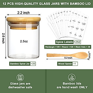GMISUN Spice Jars with Bamboo Lids, 20 Pack 2.5oz Glass Spice Containers with Labels, Small Empty Round Spice Bottles with Airtight Lids, Mini Clear Minimalist Food Jars & Canisters for Kitchen